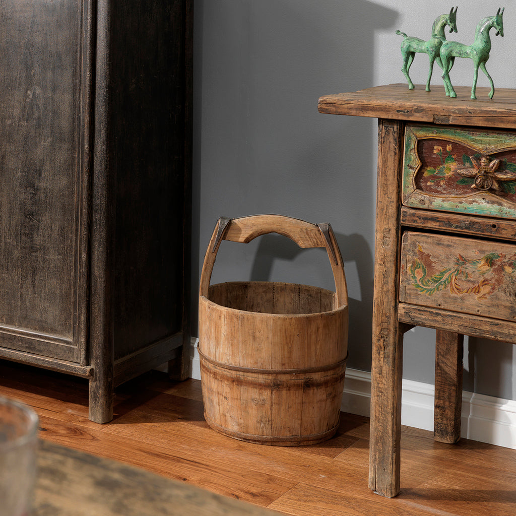 Large Round Antique Wooden Bucket — Shimu