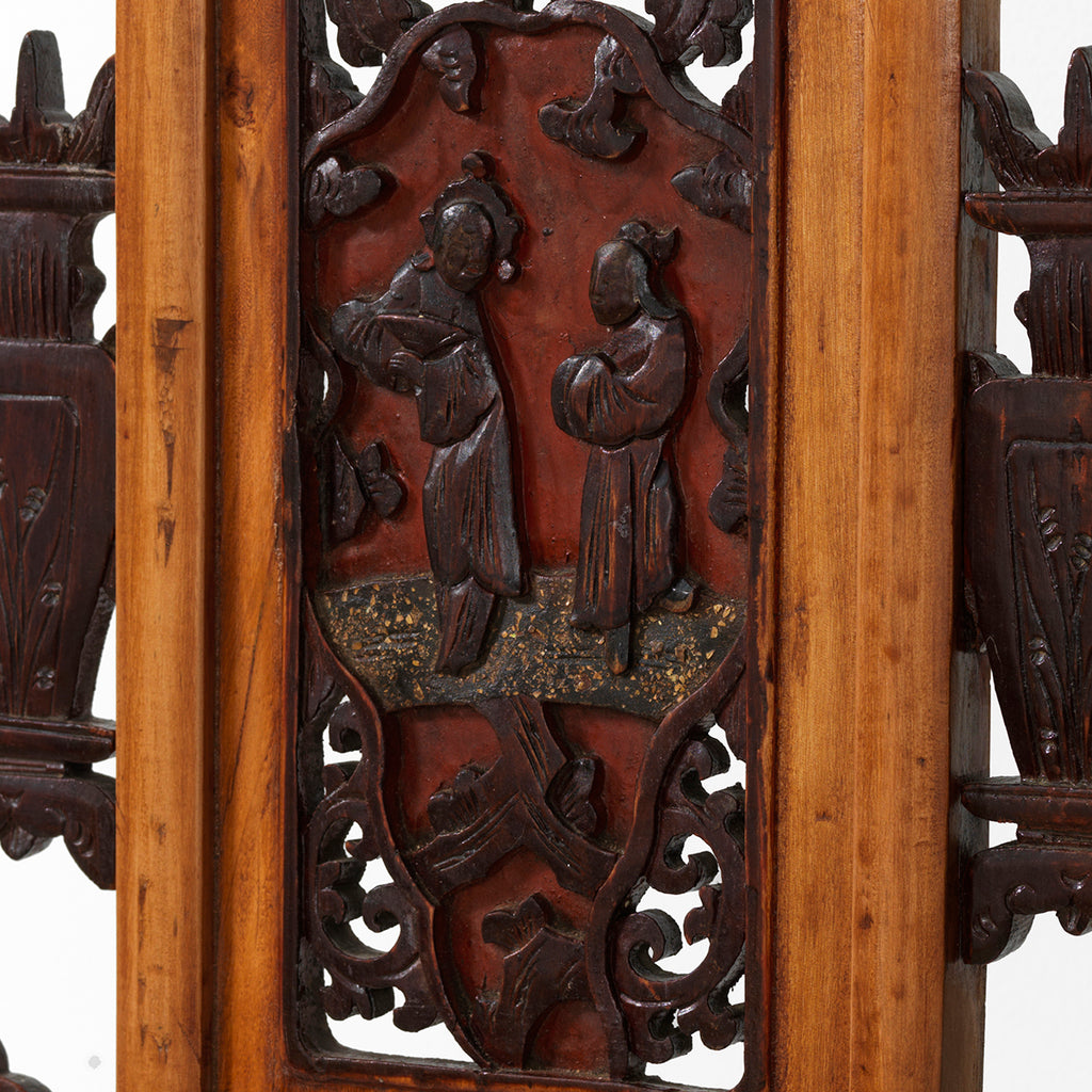 Pair of Antique Carved Window Panels, Natural and Red — Shimu