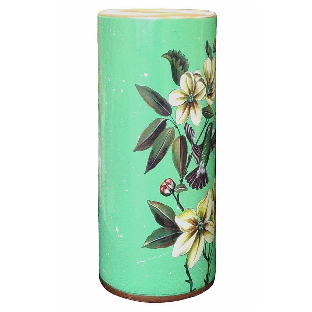 Ceramic Oriental Umbrella Stand, Green With Hummingbirds — Shimu