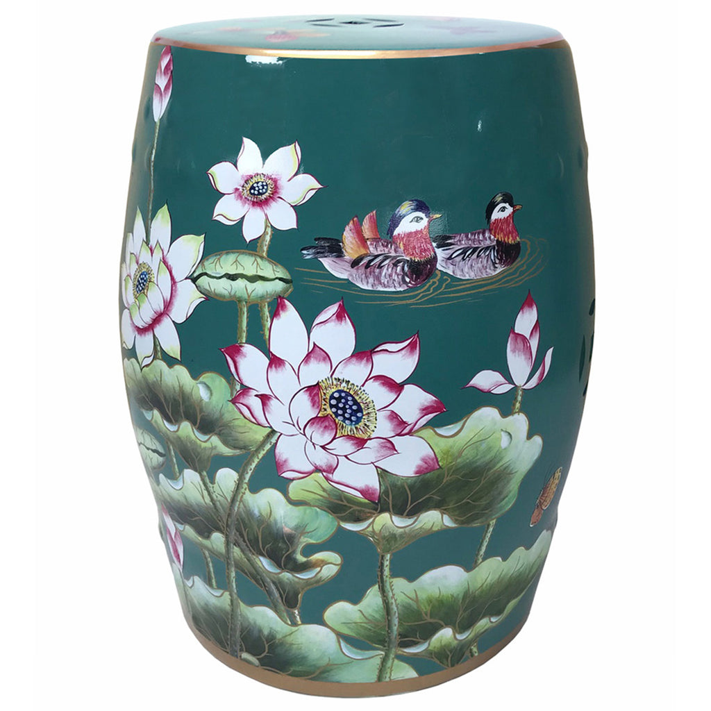 Ceramic Chinese Stool, Teal with Lotus Flowers — Shimu