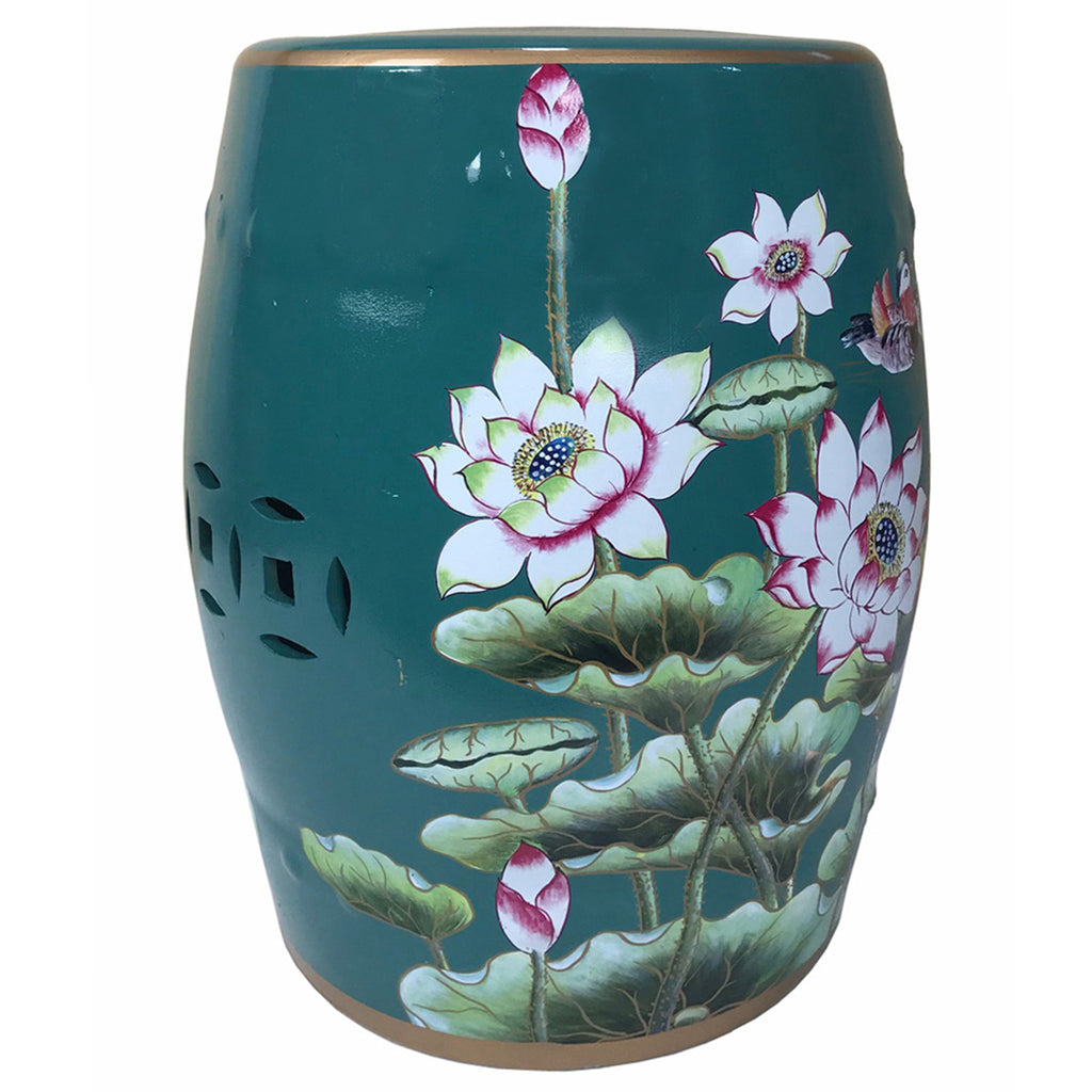 Ceramic Chinese Stool, Teal with Lotus Flowers — Shimu