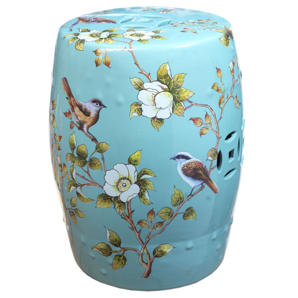 Pale Blue Ceramic Stool, Birds and Flowers — Shimu
