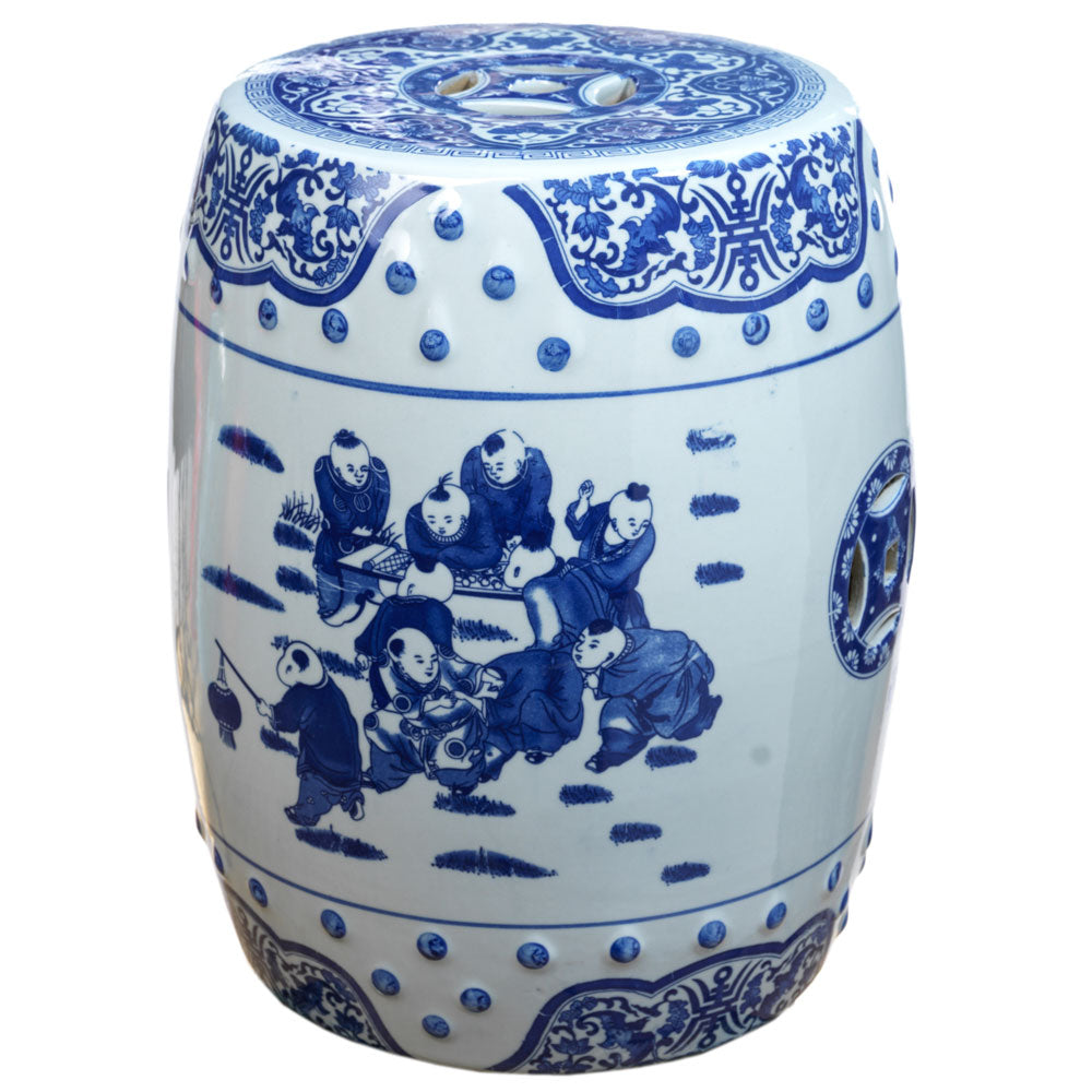 Chinese Ceramic Stool, Blue And White with Children — Shimu